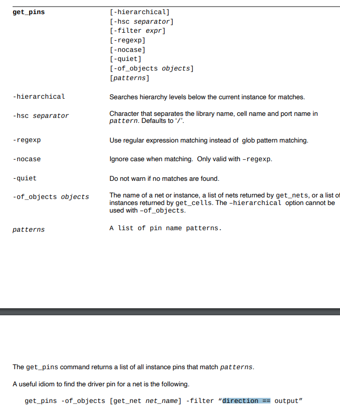 Doc: in the "get_pins" command reference, idiom -filter "direction ...
