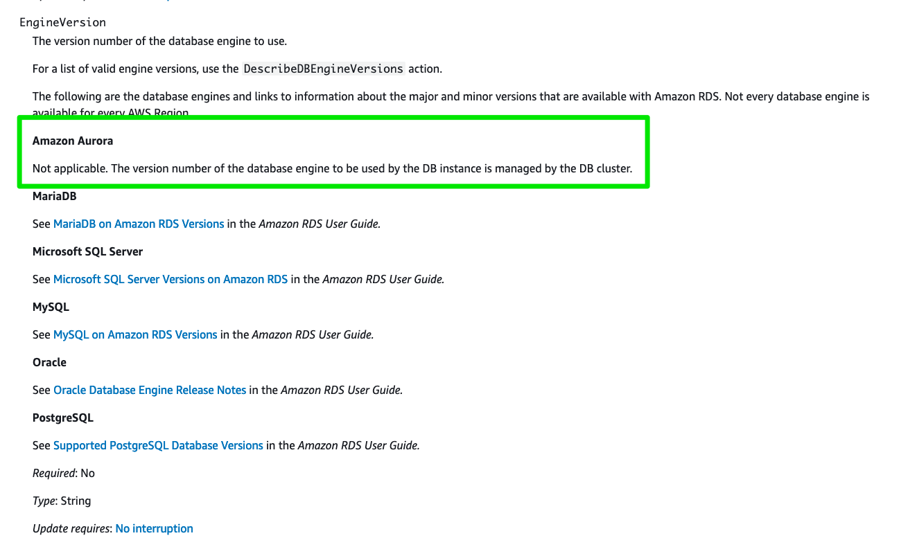Rds Awsrdsdbinstance Should Not Have Engineversion Property Set For Aurora Clusters