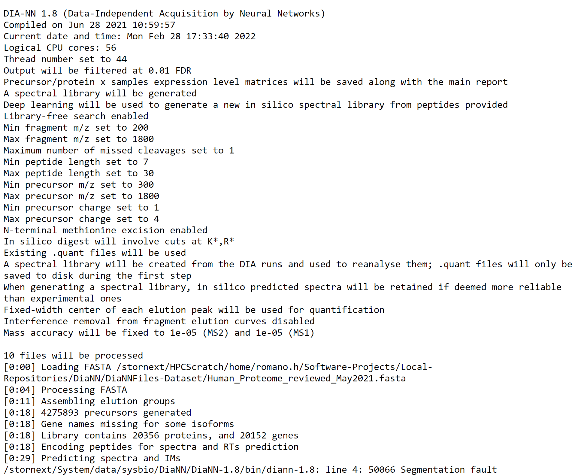 DiaNN1.8 - Random "Segmentation Fault" when running library-free analysis · Issue #327 ...