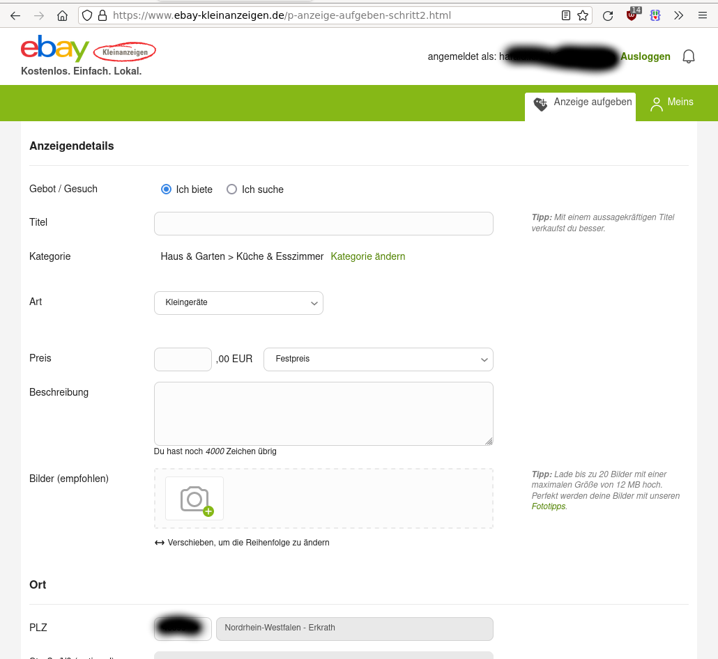 ebay-kleinanzeigen.de: breakage option "Versand möglich" / "Nur Selbstabholer" seems to be ...