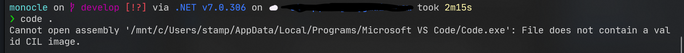 `code .` in WSL 2 with Mono installed results in `File does not contain a valid CIL image ...