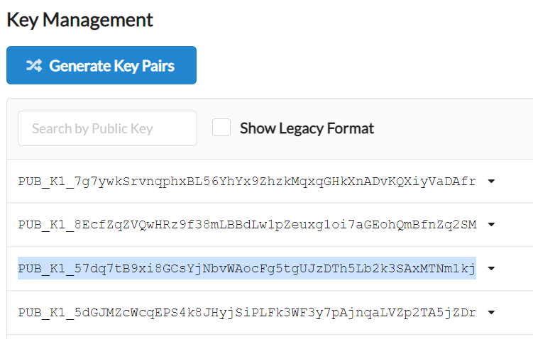 Tools → Key Management → Search by Public Key only accepted 'legacy ...