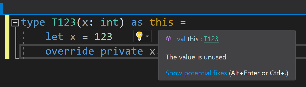 No UnusedThisVariable warning when type members have errors · Issue #5384 · dotnet/fsharp · GitHub