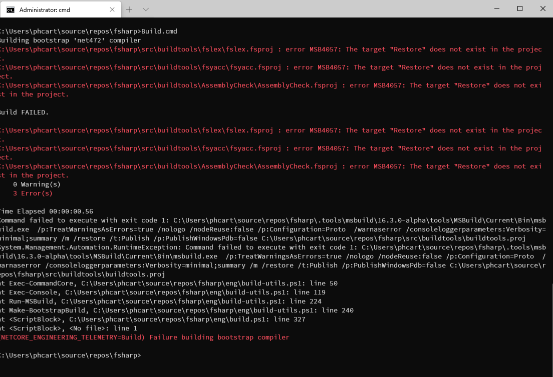 Cannot build the repo on fresh windows install - "target Restore does not exist in the project ...