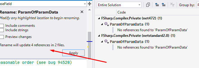 Find Refs and Rename disagree on how many reference there are · Issue #9274 · dotnet/fsharp · GitHub