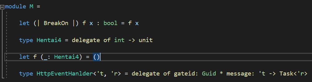 Syntax coloring fails when using `delegate of` · Issue #8910 · dotnet/fsharp · GitHub