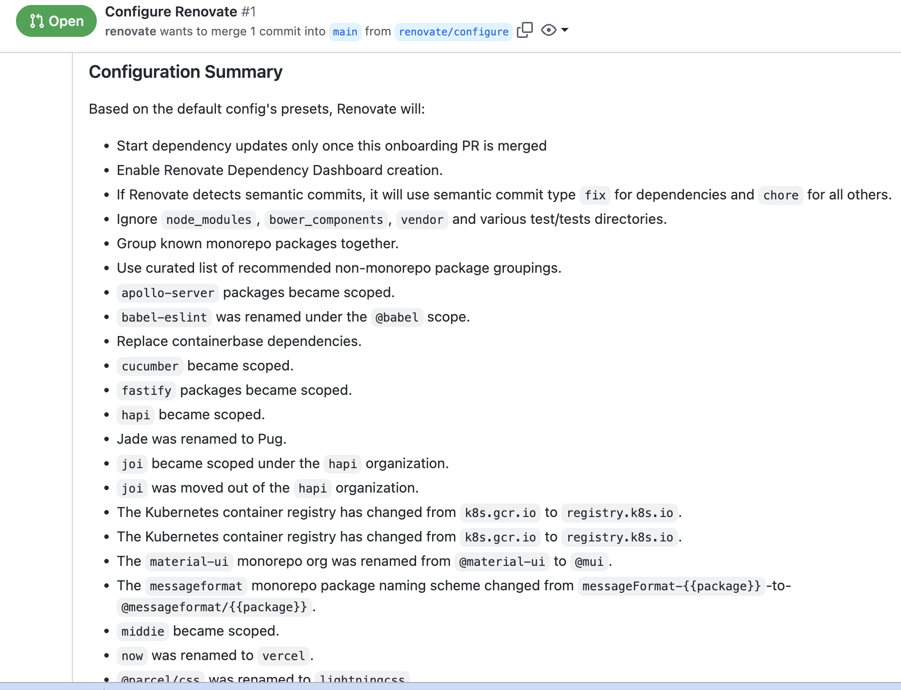 Onboarding Feature Summary Is Too Verbose · Issue 21161 · Renovatebot
