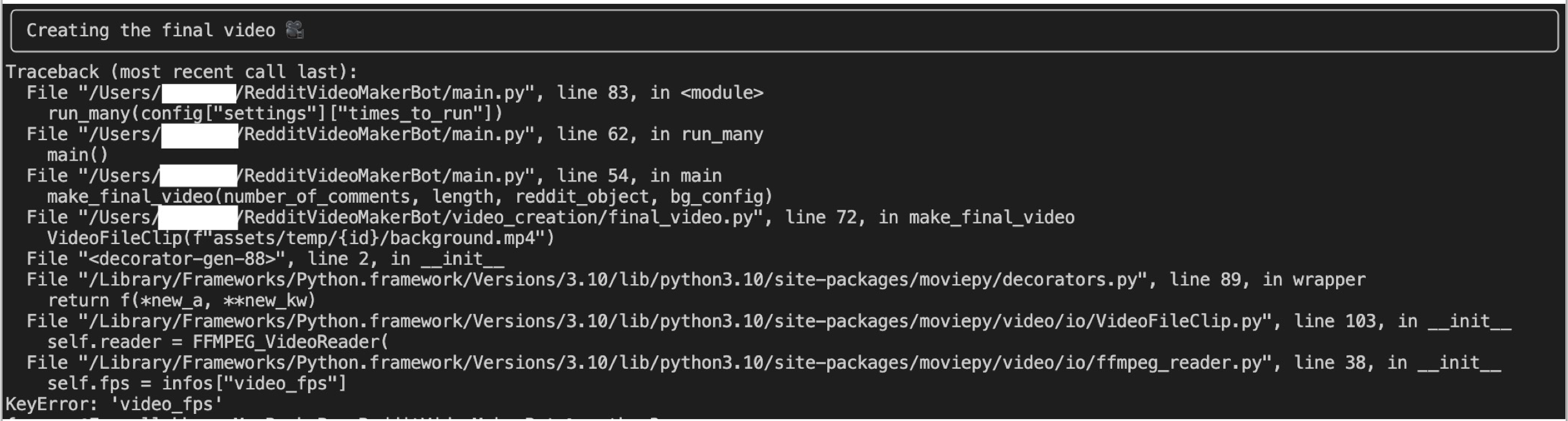 [Bug]: KeyError: 'video_fps' · Issue #1304 · elebumm/RedditVideoMakerBot · GitHub