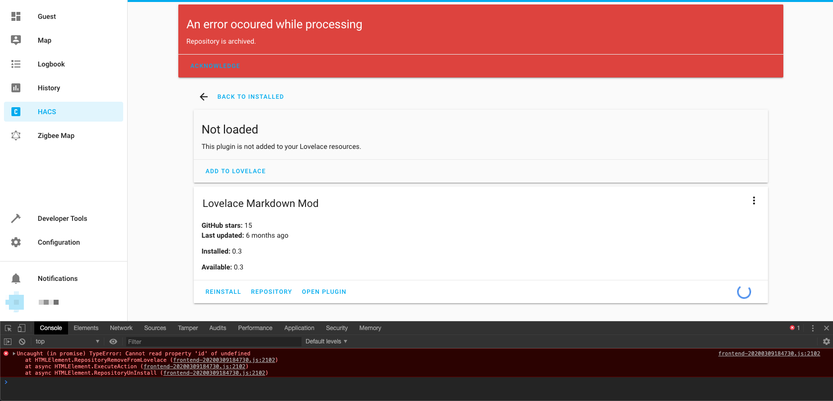 Cannot uninstall plugin from archived repository (throws JS error ...