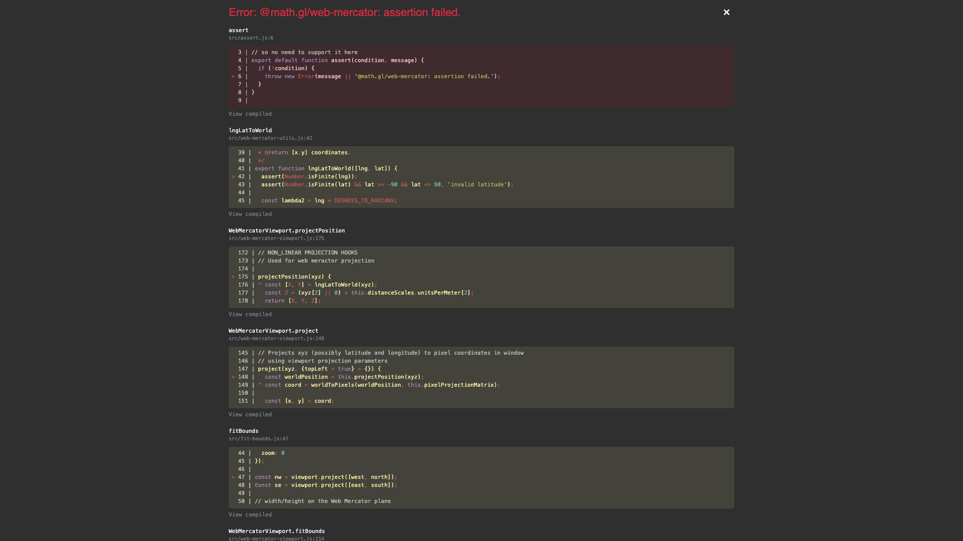 Error: @math.gl/web-mercator: assertion failed. · Issue #1237 · visgl/react-map-gl · GitHub
