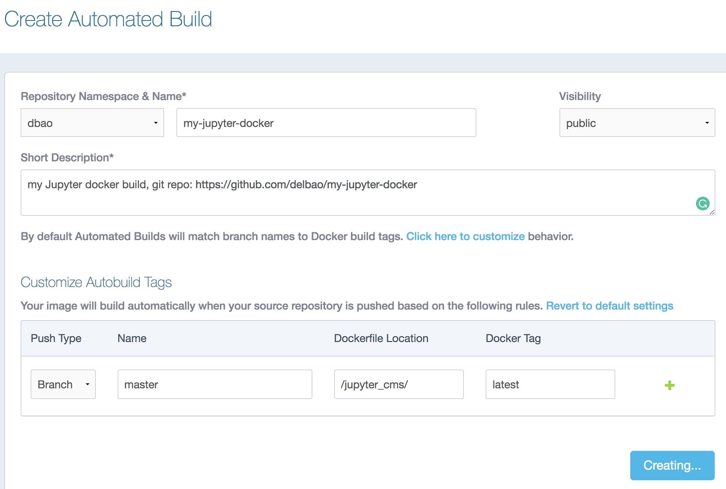 Create Automated Build from github got stuck at Creating ... · Issue #1616 · docker/hub-feedback ...