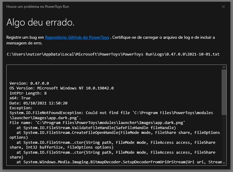 [PT Run] System.IO.FileNotFoundException: Could not find file 'C:\Program Files\PowerToys ...