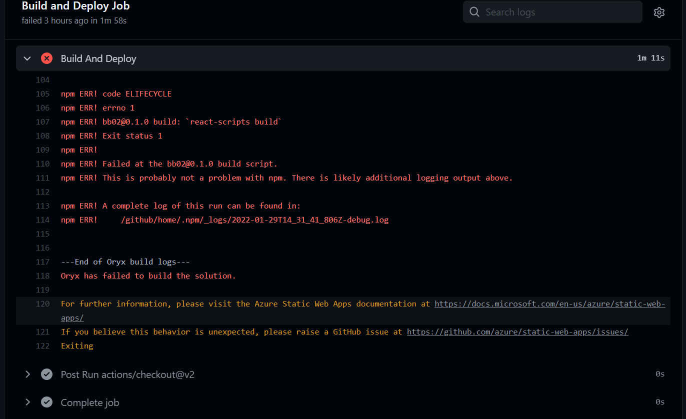 Deployment failed with err ELIFECYCLE · Issue #707 · Azure/static-web-apps · GitHub