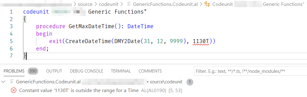 AL0190 Constant value '2359T' is outside the range for a Time · Issue #6044 · microsoft/AL · GitHub