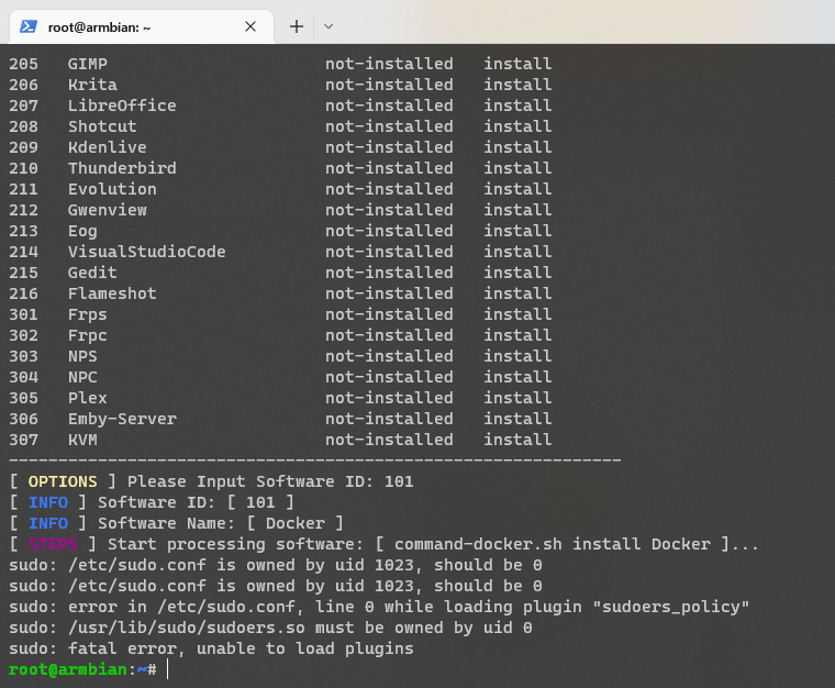 armbian-software 安装docker时：sudo: /etc/sudo.conf is owned by uid 1023, should be 0 · Issue #652 ...