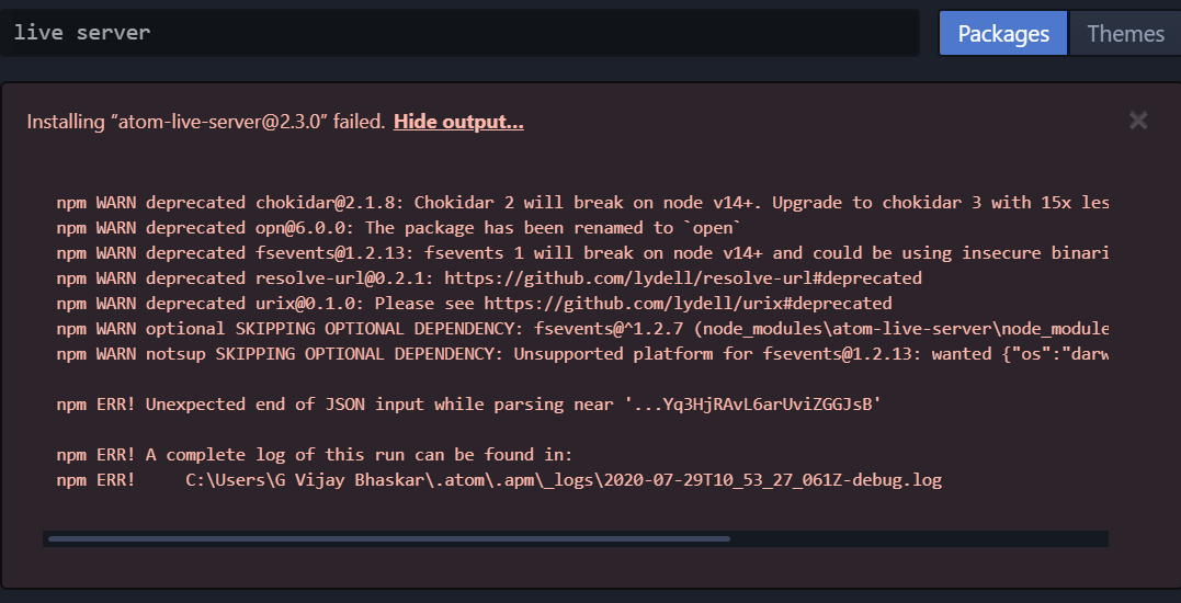 I can' t install Live-server package · Issue #21123 · atom/atom · GitHub