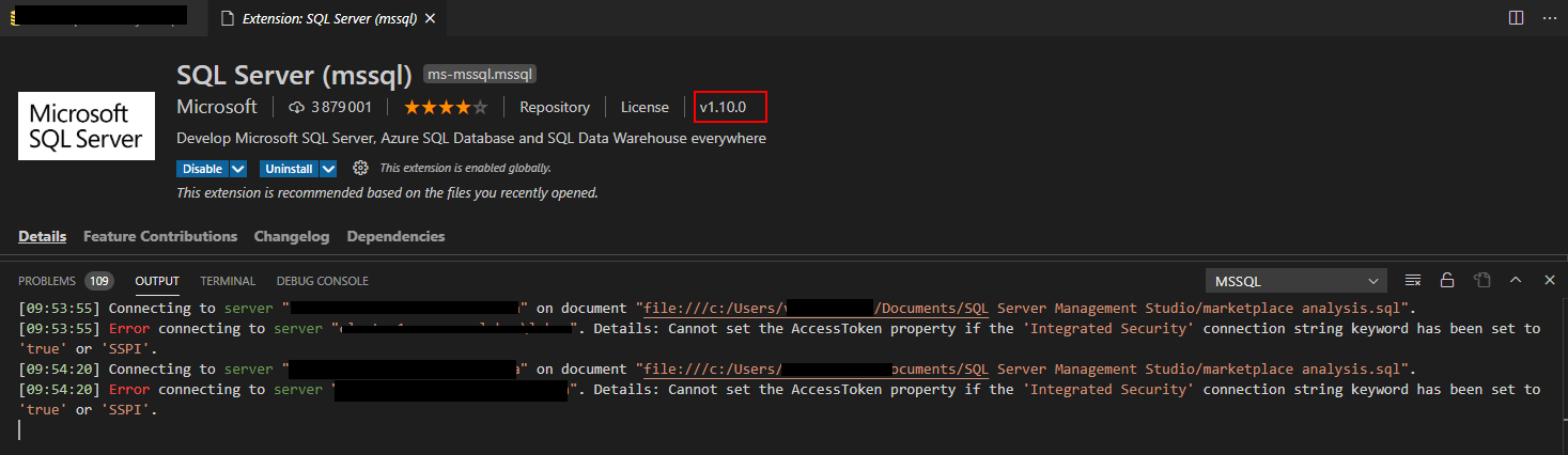 Integrated connection broken after update to 1.10.0 · Issue #16927 · microsoft/vscode-mssql · GitHub