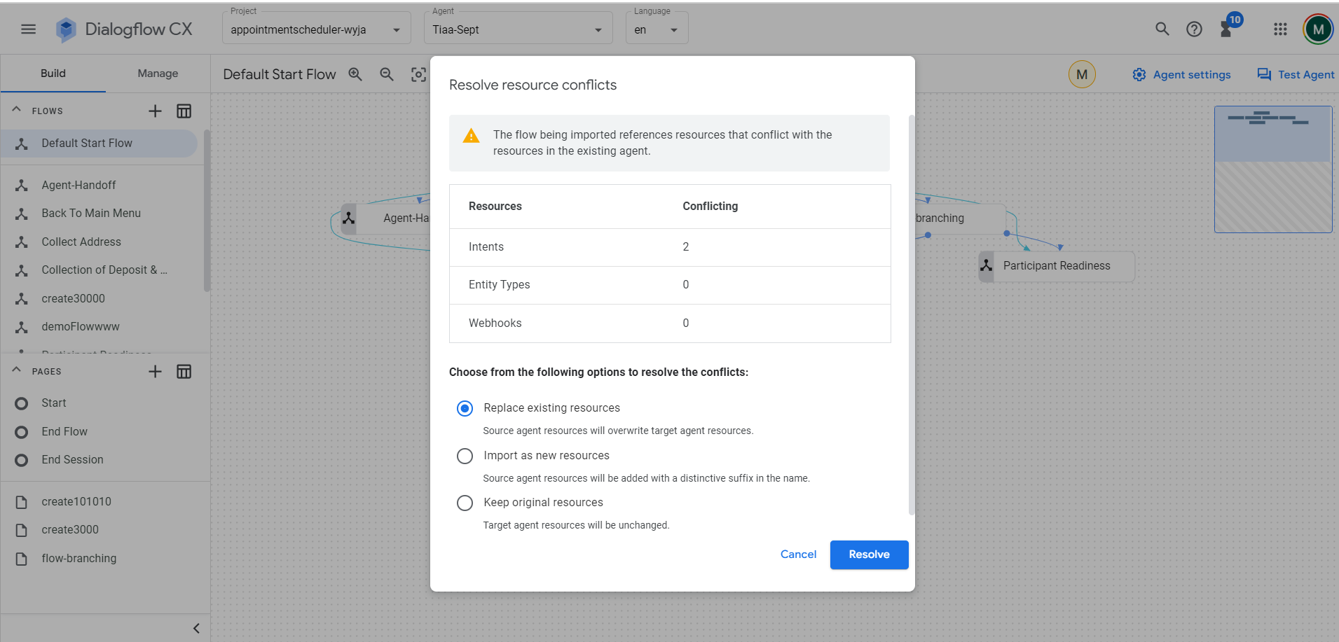 Duplication of intents and entities while importing an updated version of a pre-existing flow of ...