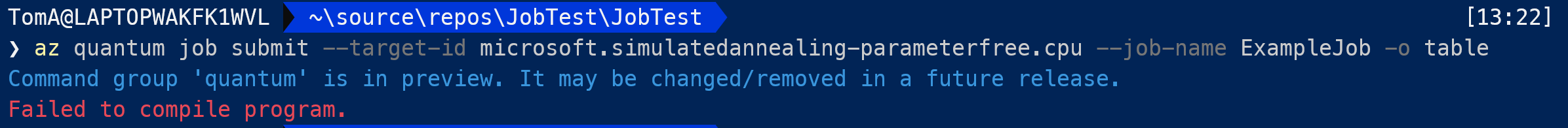 'Failed to compile program' when attempting to submit job to Azure Quantum Workspace using Azure ...