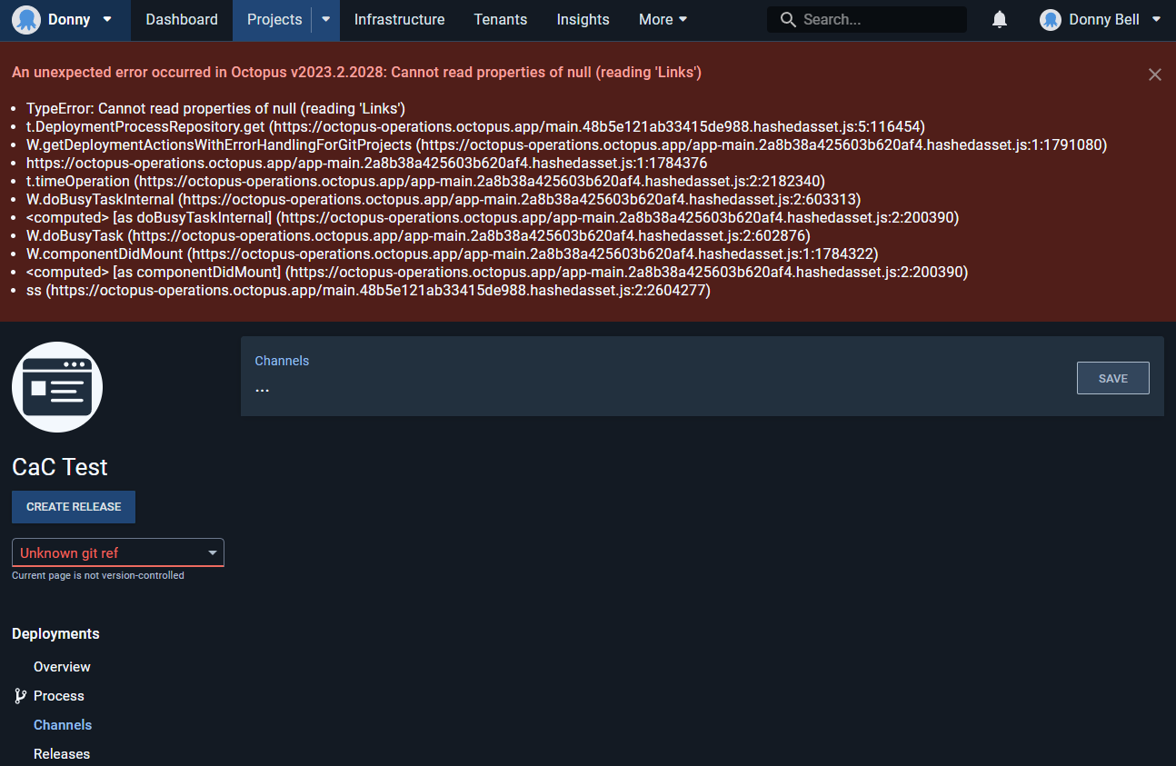 For Git-enabled Projects, merging then deleting a branch can cause UI errors on "not version ...