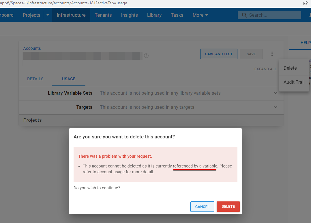Accounts May Be Ineligible For Deletion Due To Being Currently Referenced By A Variable But