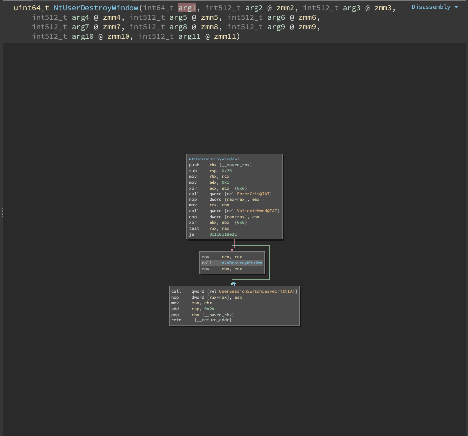 Disassembling NtUserDestroyWindow() Will Result in Extra Arguments · Issue #1671 · Vector35 ...