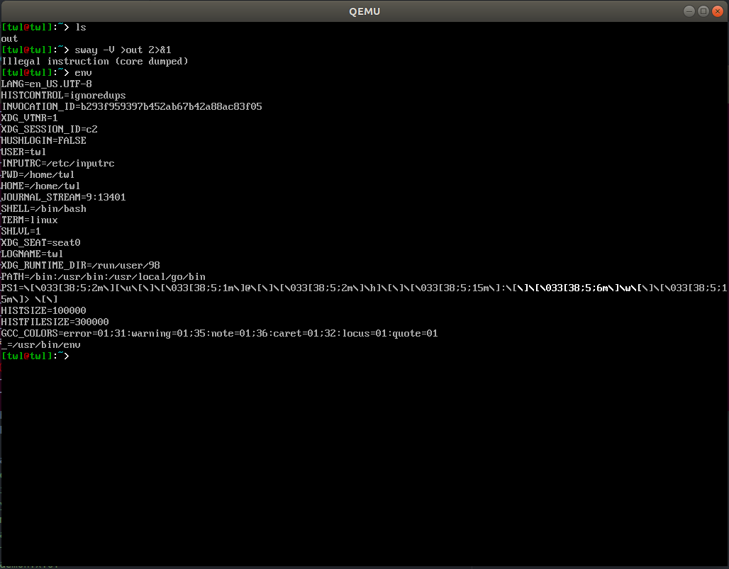Sway coredumps (Illegal instruction) on qemu x64 · Issue #3165 · swaywm/sway · GitHub