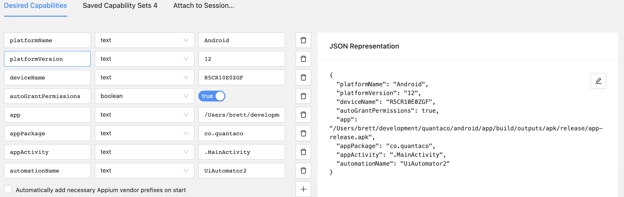 Appium Inspector - Choose to remove prefixes when saving a recorded file (can't run them locally ...