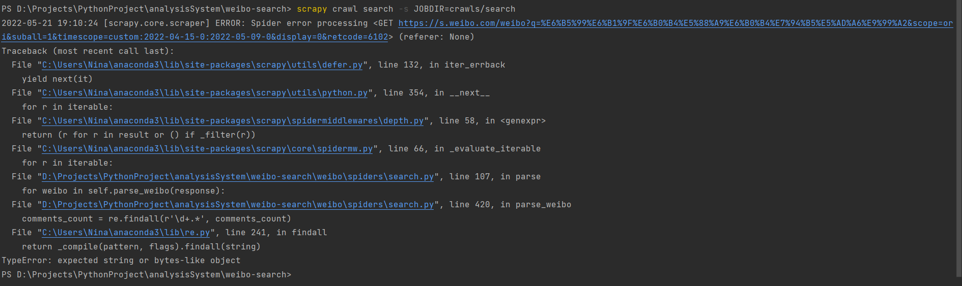 spider出现报错 · Issue #216 · dataabc/weibo-search · GitHub