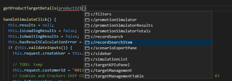 When using opening brace "{" in LWC js file autocomplete suggests component names as input ...