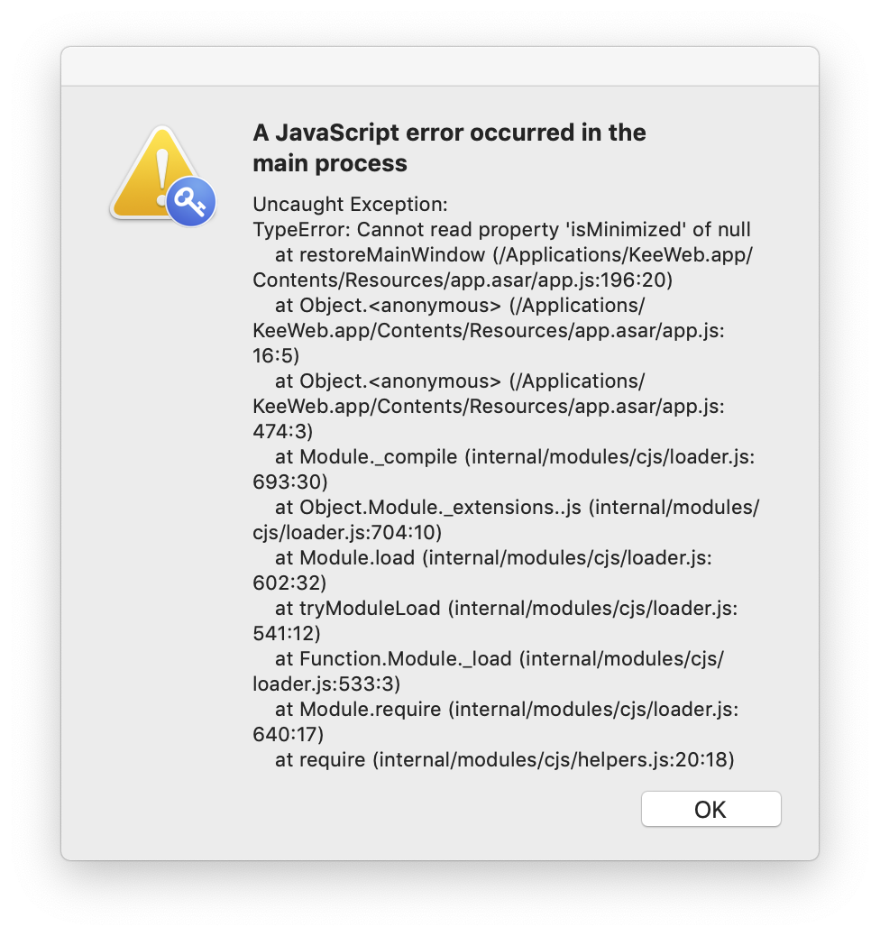 KeeWeb throws an error if it's already running: JavaScript error ...