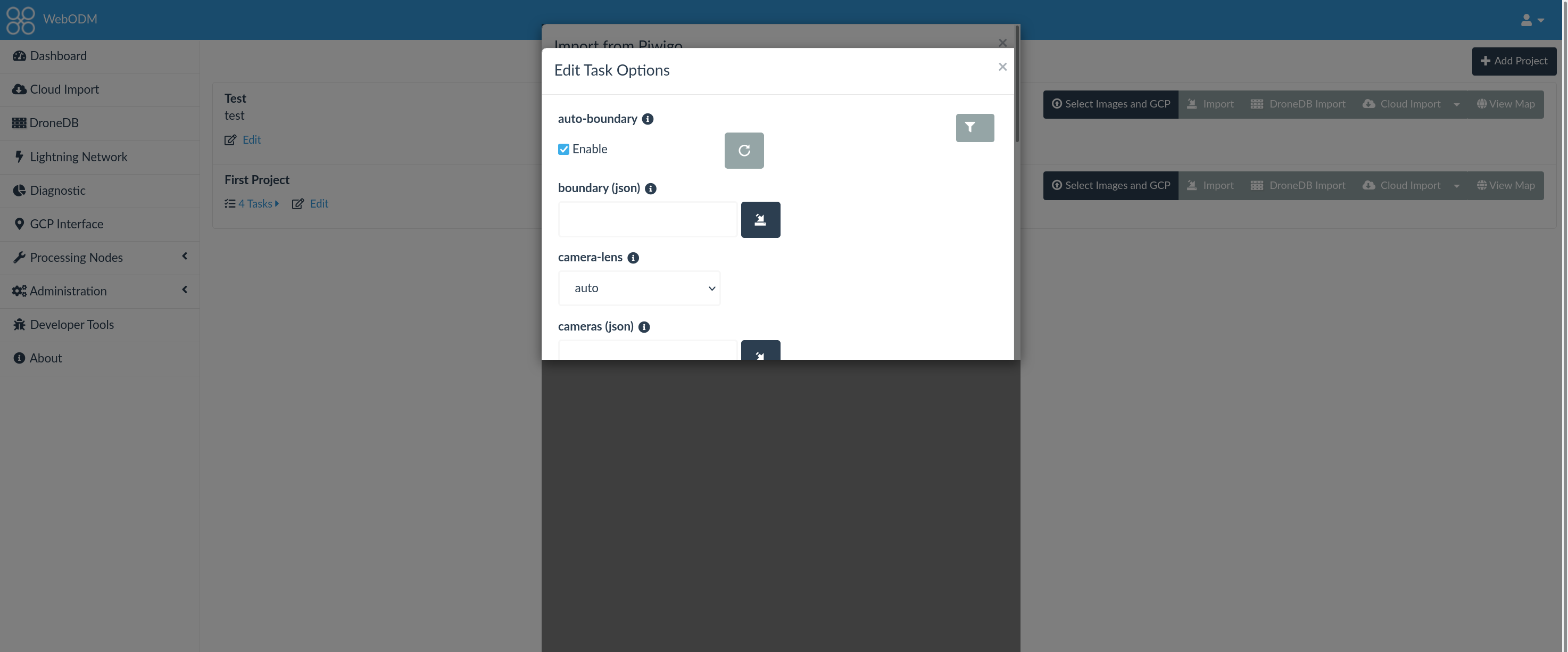 The Edit Task Options dialog is cut off when called from the cloudimport or dronedb import ...