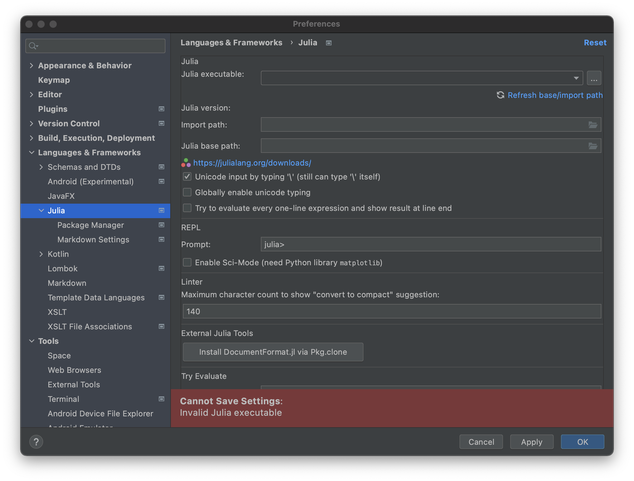 Julia REPL Configuration Error: No Julia Executable, please specify one. · Issue #572 ...