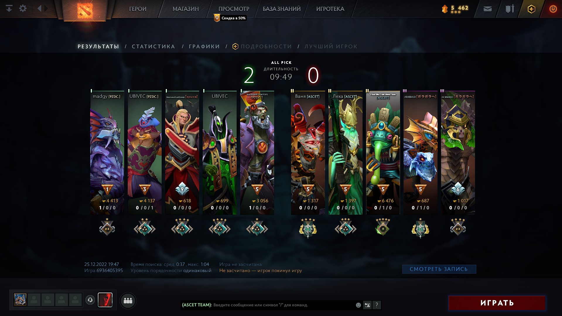 Left the game, removed rating points and got banned. After another ...