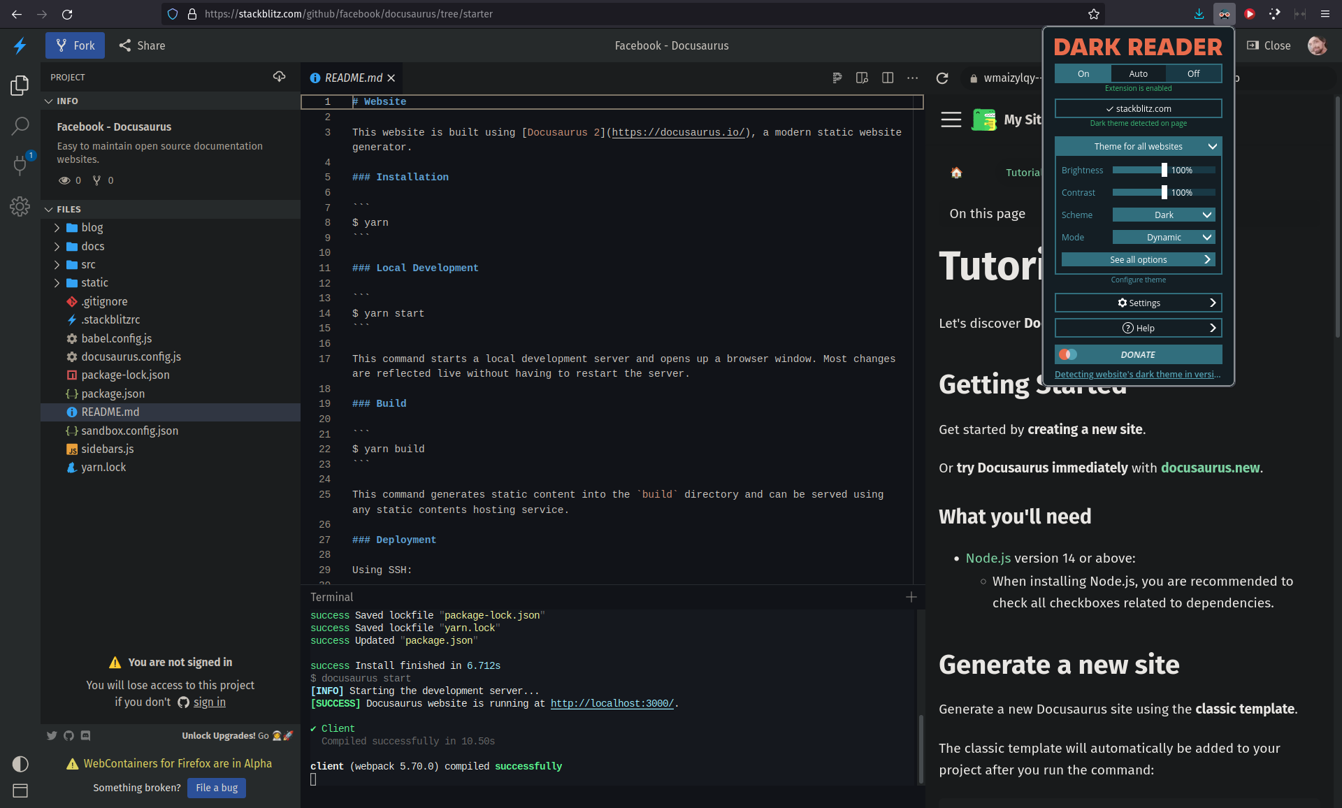 Auto Detection Stackblitz Preview On The Sidebar · Issue 8685 · Darkreaderdarkreader · Github 