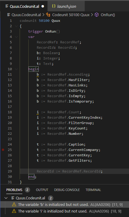Many methods/property accessors on RecordRef do not autocomplete with, or warn about ...