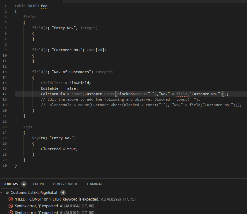 Spurious syntax errors when adding conditions to FlowField CalcFormula expression: "'FIELD ...