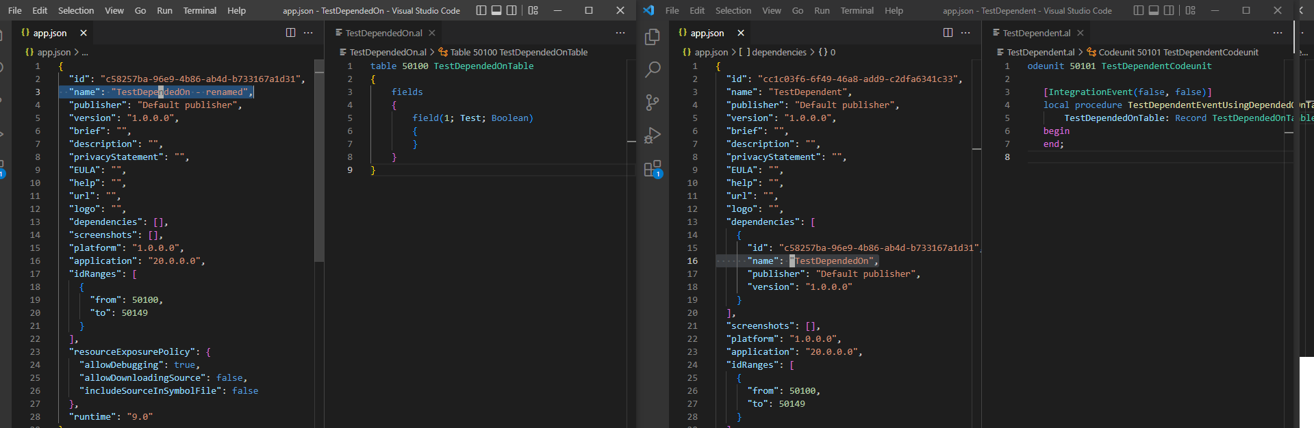 Renaming a transitive dependency causes a suggestion to update dependent `app.json`, but doing ...