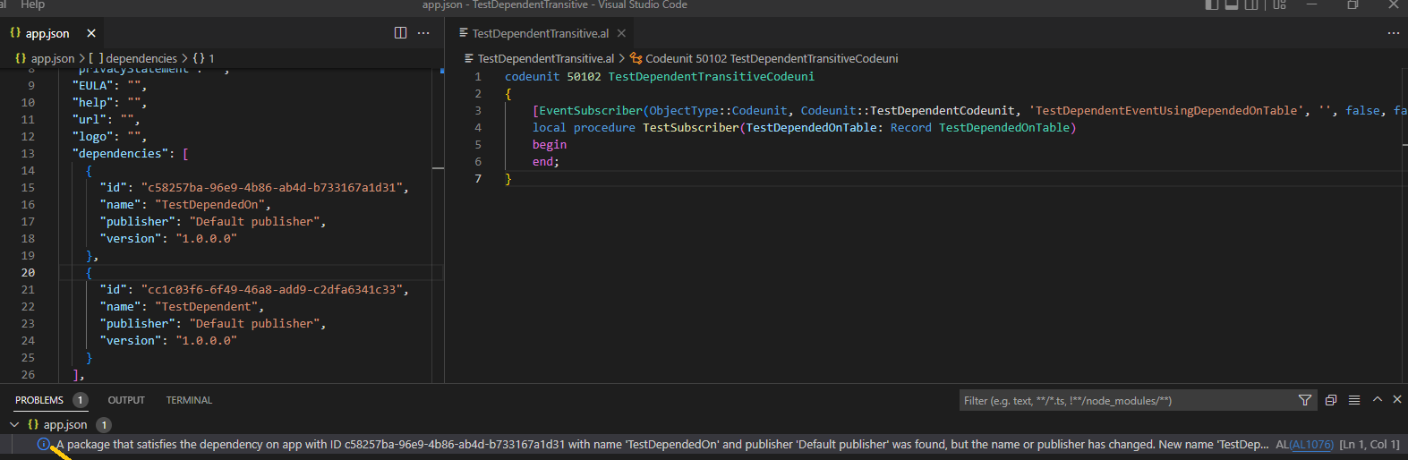 Renaming a transitive dependency causes a suggestion to update dependent `app.json`, but doing ...