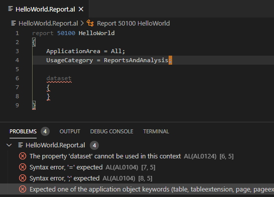 Reports: Typing the UsageCategory property gives error "The property 'dataset' cannot be used in ...
