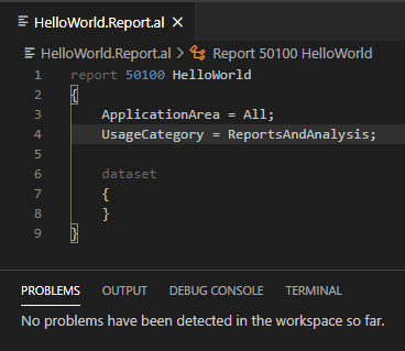 Reports: Typing the UsageCategory property gives error "The property 'dataset' cannot be used in ...