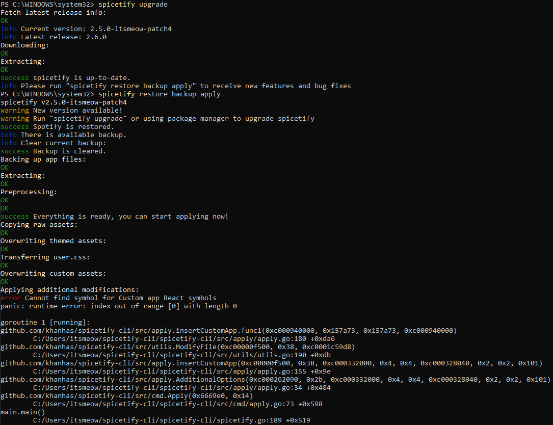 can't upgrade to 2.6.0, stuck on 2.5.0-itsmeow-patch4 · Issue #979 · spicetify/cli · GitHub