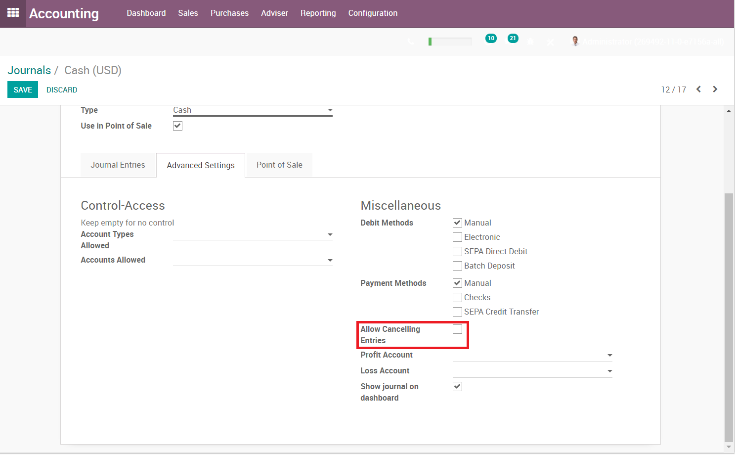 [11 0] Account Cancel Module Does Not Activate Cancel Option In Journal · Issue 19888 · Odoo