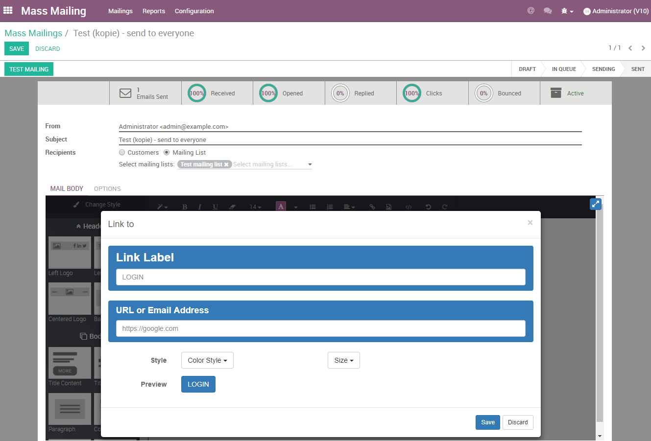[10.0] Mass mailing test button does not generate tracking URL's ...