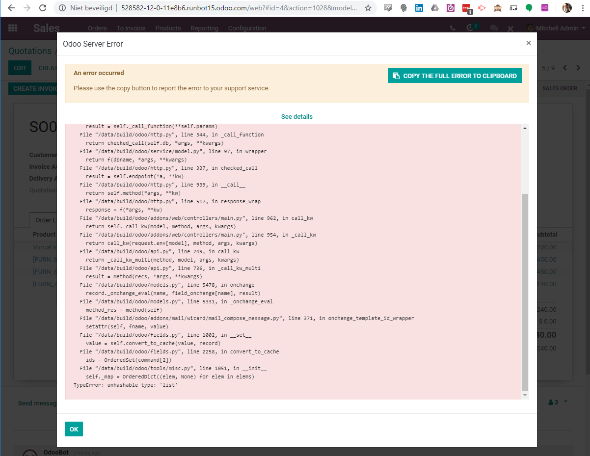 [12.0] Full composer throws unhashable list error since last update · Issue #33712 · odoo/odoo ...
