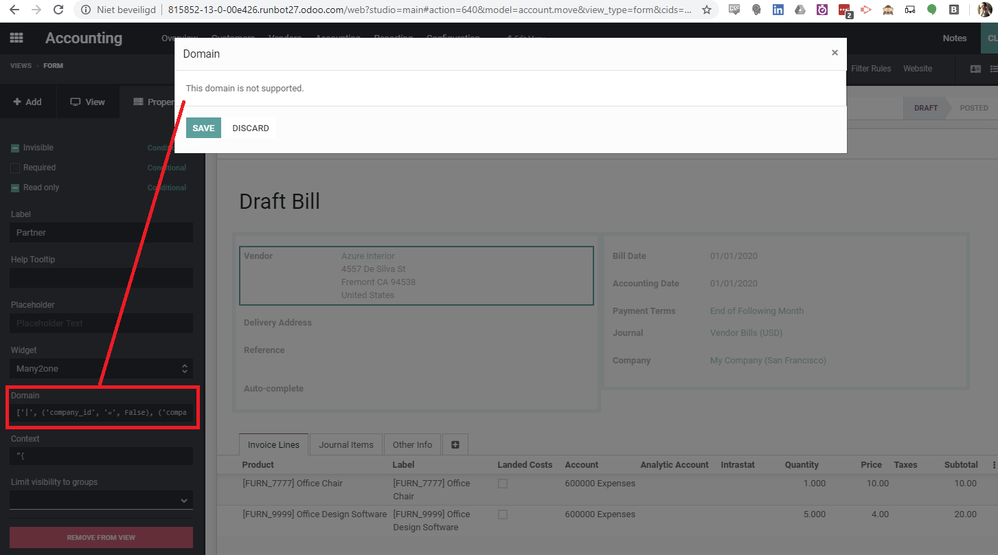 [13.0] Odoo studio domain is not supported errors · Issue #42609 · odoo/odoo · GitHub