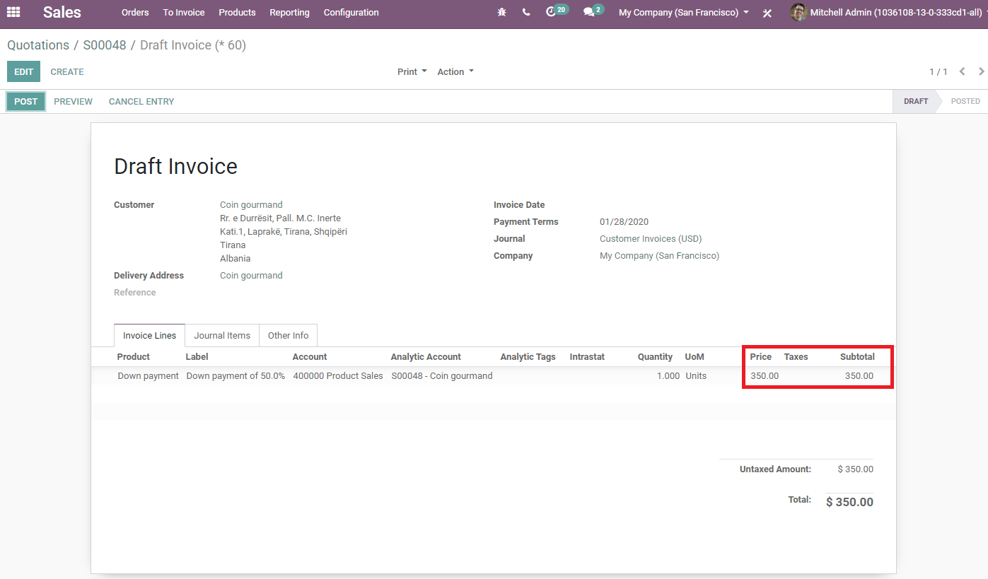 [13.0] Down payment doesn't keep track of changed amount on invoice ...