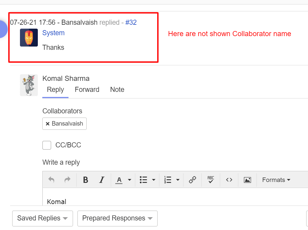 Collaborator name is coming wrong on ticket thread at agent ticket view ...