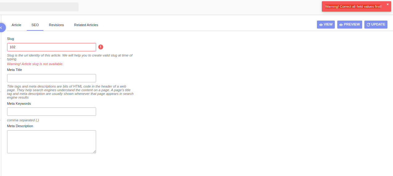 In Article when using duplicate slug value it save instead of warning message · Issue #495 ...
