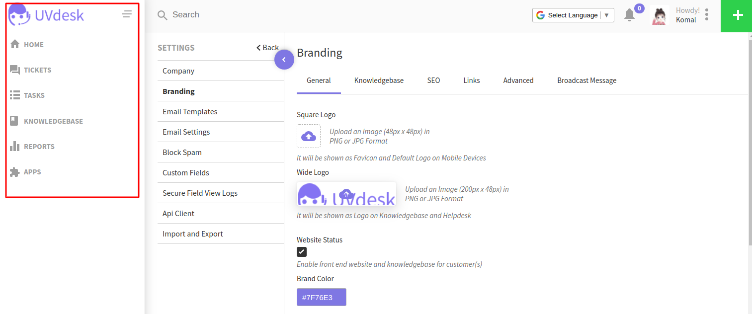When click on logo from admin side should be shown list of menus · Issue #563 · uvdesk/core ...